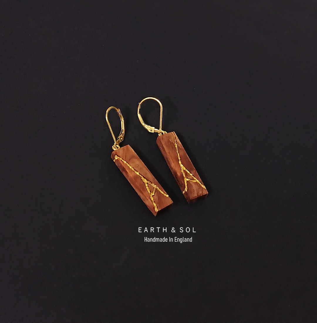 Kintsugi Redwood Earrings With 22ct Gold, Lever Back Dangle - Etsy