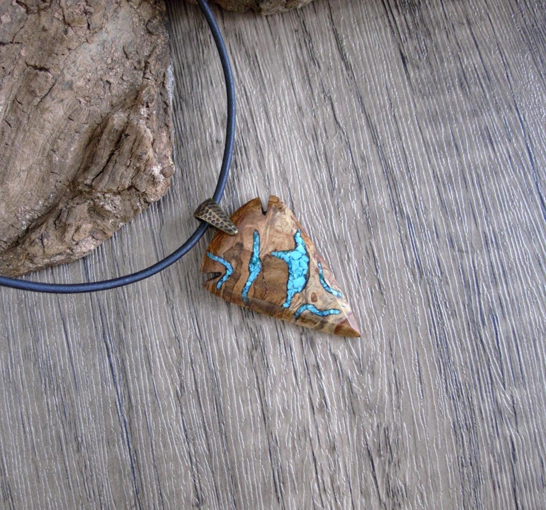 Oak Burr Wood Arrowhead Necklace, Turquoise Inlay, Anniversary Gift - Etsy