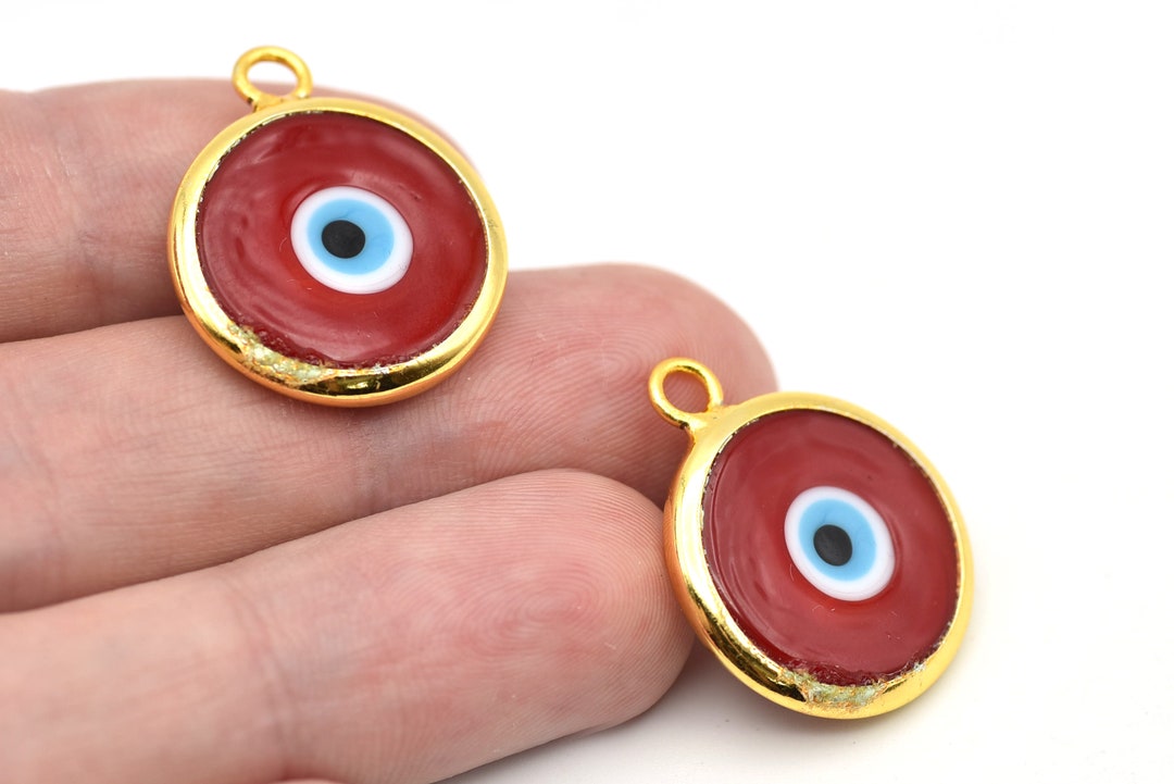 22x27mm 24k Shiny Gold Plated Claret Red Enamel Evil Eyes Charm, Mini ...