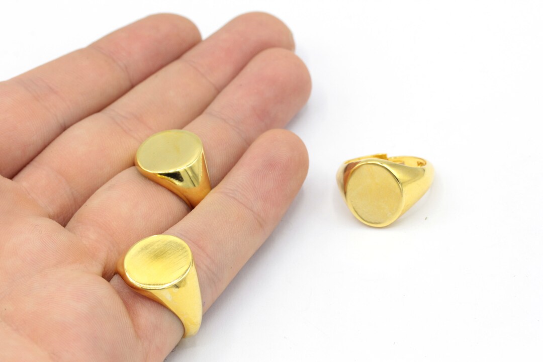 17-18mm 24k Shiny Gold Plated Adjustable Round Signet Ring, Open Ring ...