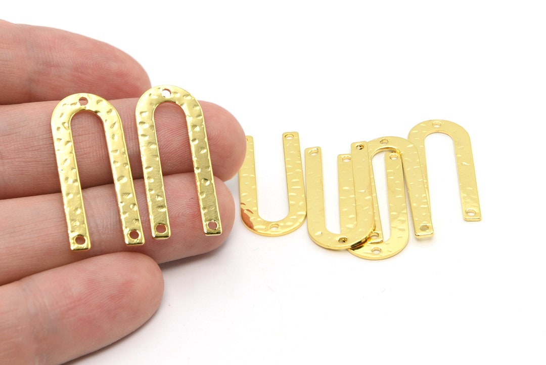 30x13mm 24K Shiny Gold Plated U Shaped Hammered Charms, 3 Holes Open U ...