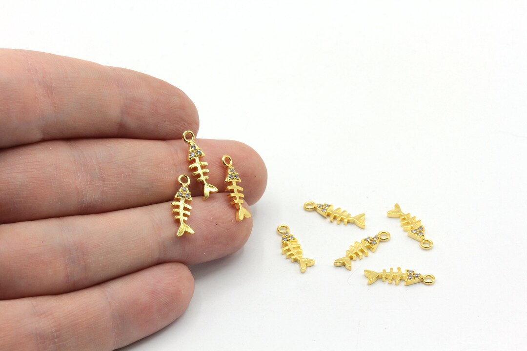 5x17mm 24k Shiny Gold Mini Fishbone Charm, CZ Micro Pave Fishbone Charm ...