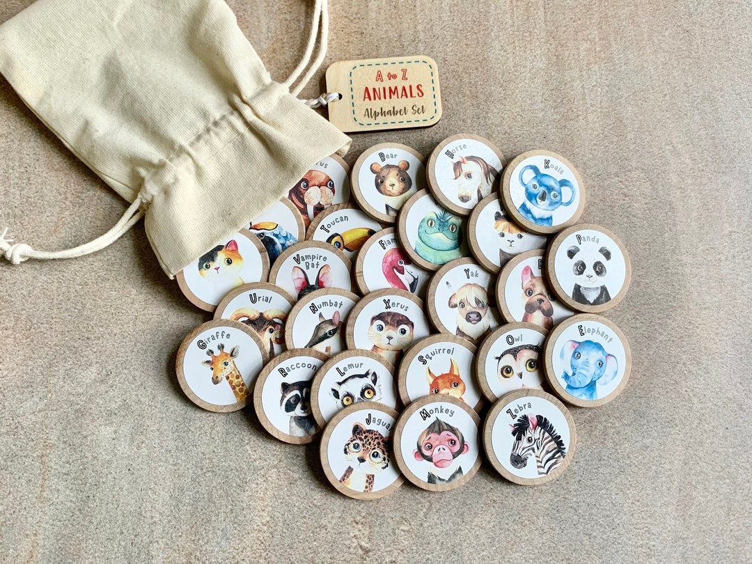 Animals A to Z Alphabet Wooden Token Set | Stocking Stuffer | Letter ...
