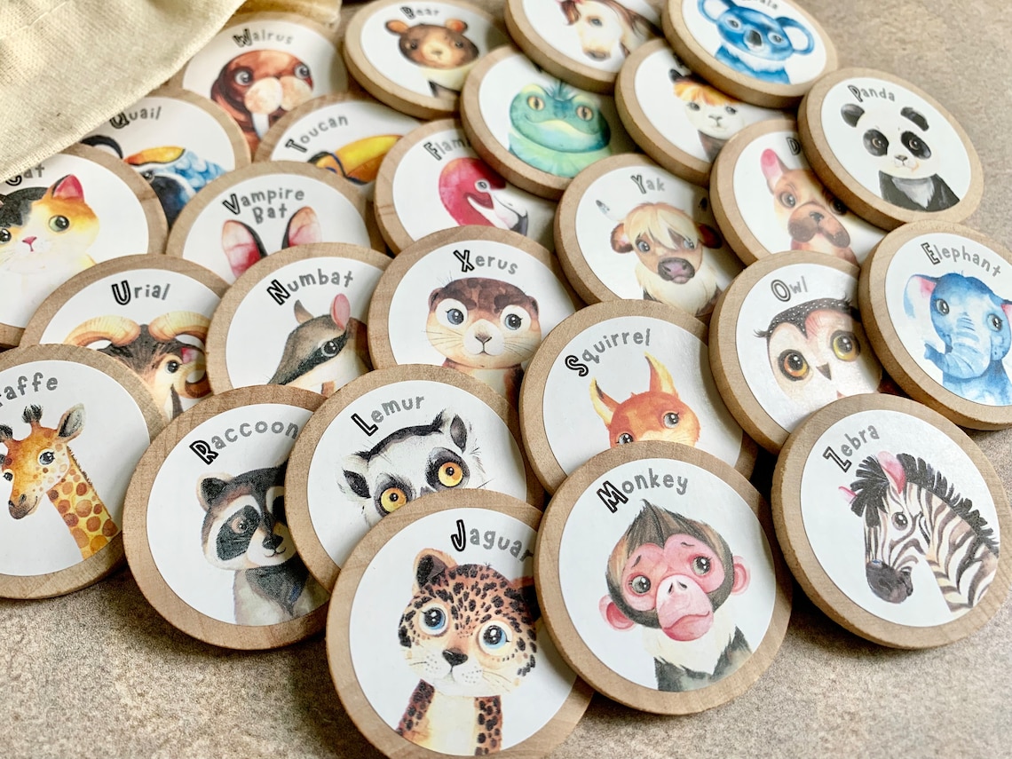 Animals A to Z Alphabet Wooden Token Set | Stocking Stuffer | Letter ...