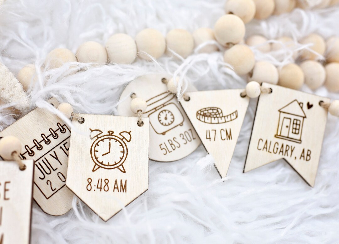 Personalized Baby Birth Stats Ornament: Engraved Wooden Pennant Banner ...
