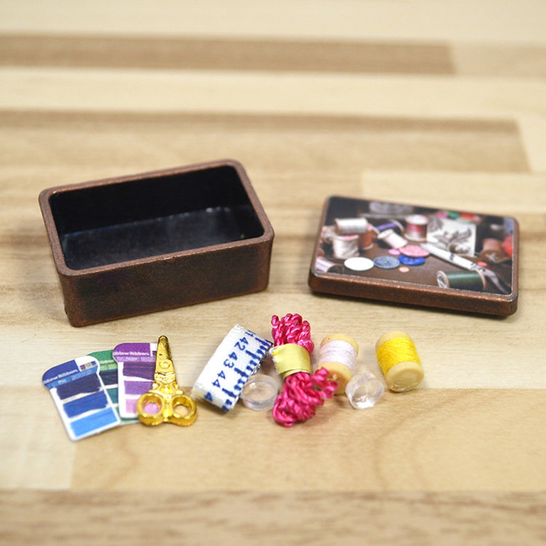 Miniature Metal Sewing Box With Sewing Accessories Dollhouse Sewing ...