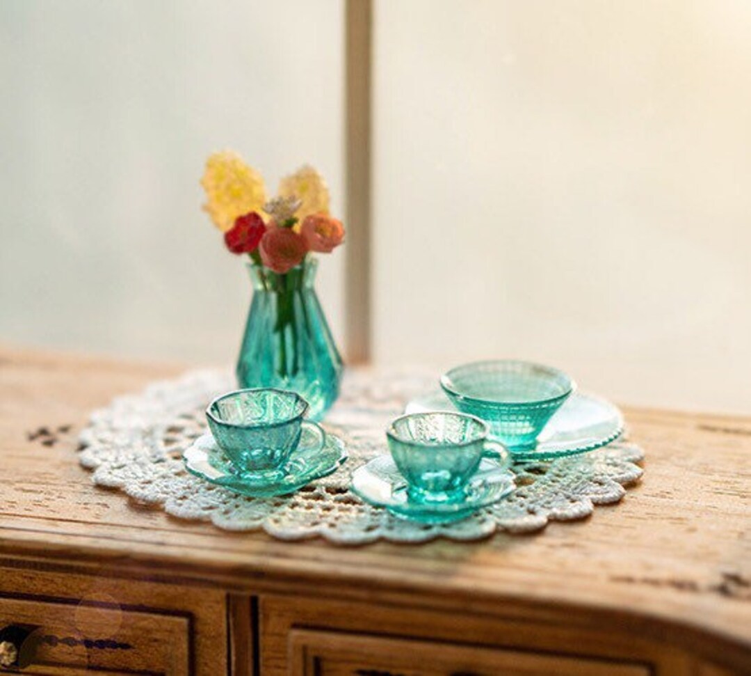Dollhouse Teacup and Saucer Set of 4 Miniature Vintage Cups Clear ...