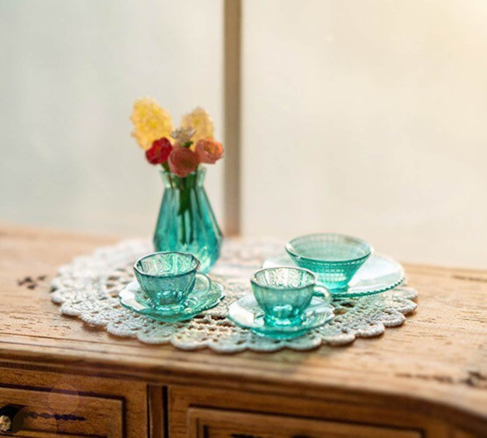 Dollhouse Teacup and Saucer Set of 4 Miniature Vintage Cups Clear ...