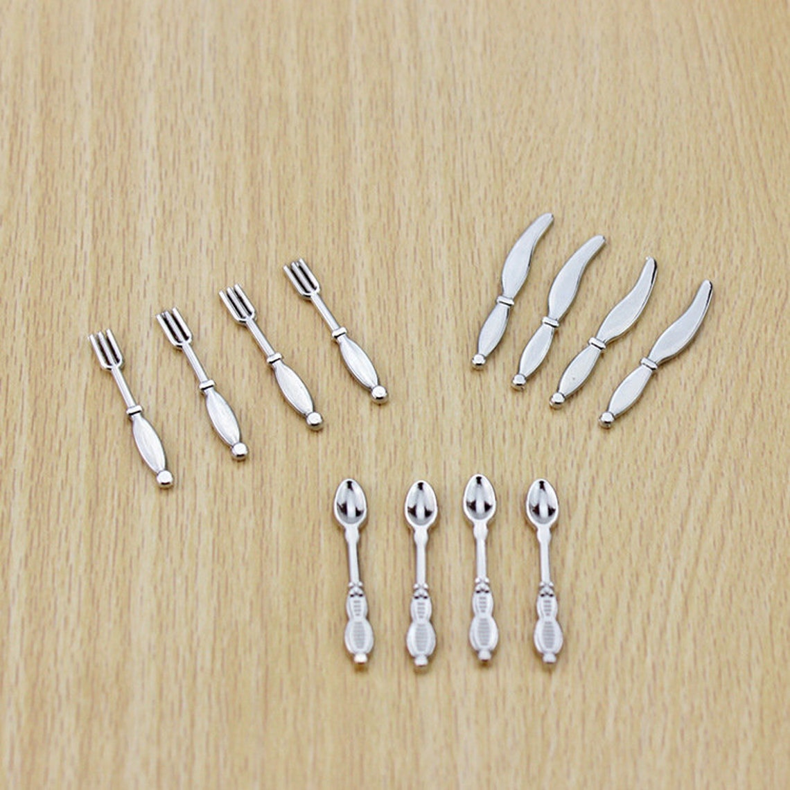 12 Pieces Dollhouse Miniature Cutlery Set 1/12 Scale Metal Silver ...