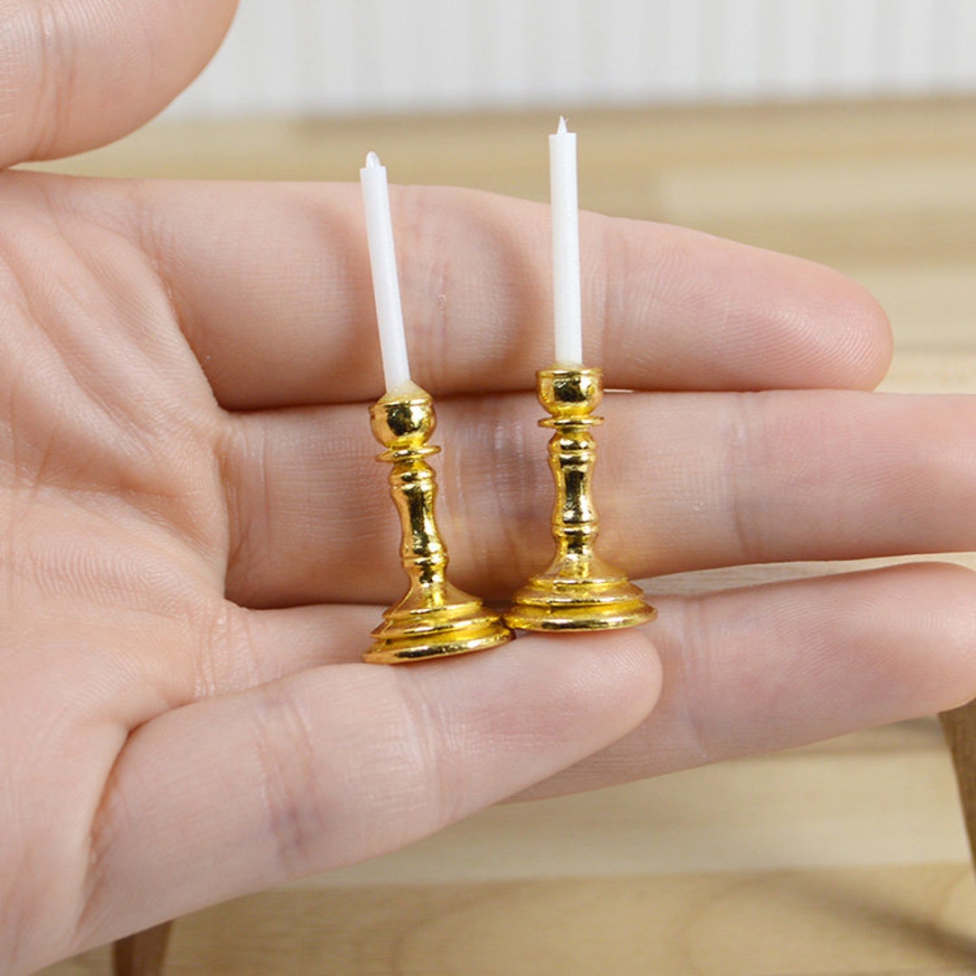 Pair of Miniature Metal Candlesticks With Candles Dollhouse Miniature 1 ...