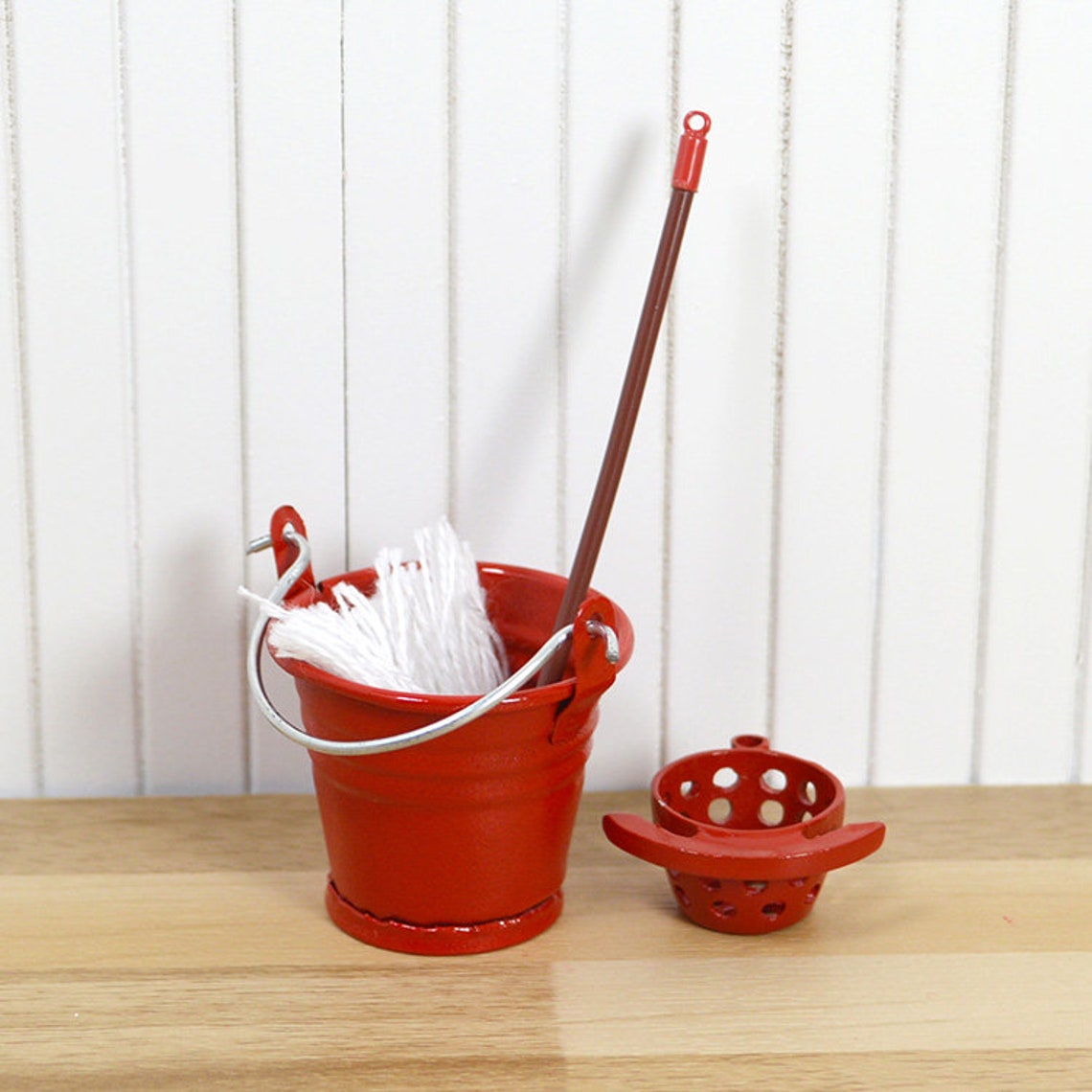 Dollhouse Cleaning Metal Bucket With Mop 1/12 Scale Miniature Kitchen ...