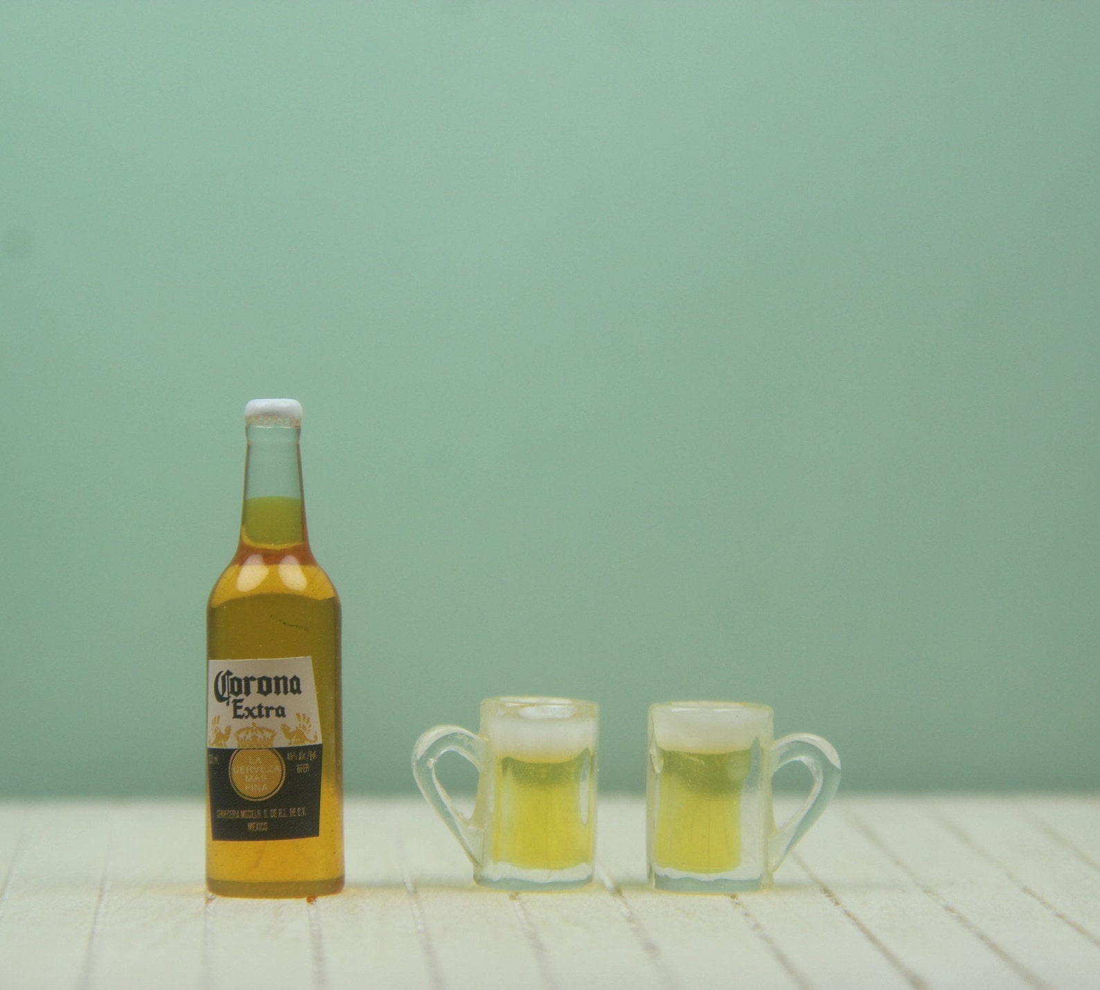 Miniature beer bottle with 2 cups full of beer Dollhouse | Etsy
