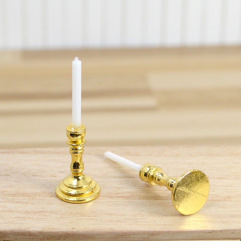 Pair of Miniature Metal Candlesticks With Candles Dollhouse Miniature 1 ...