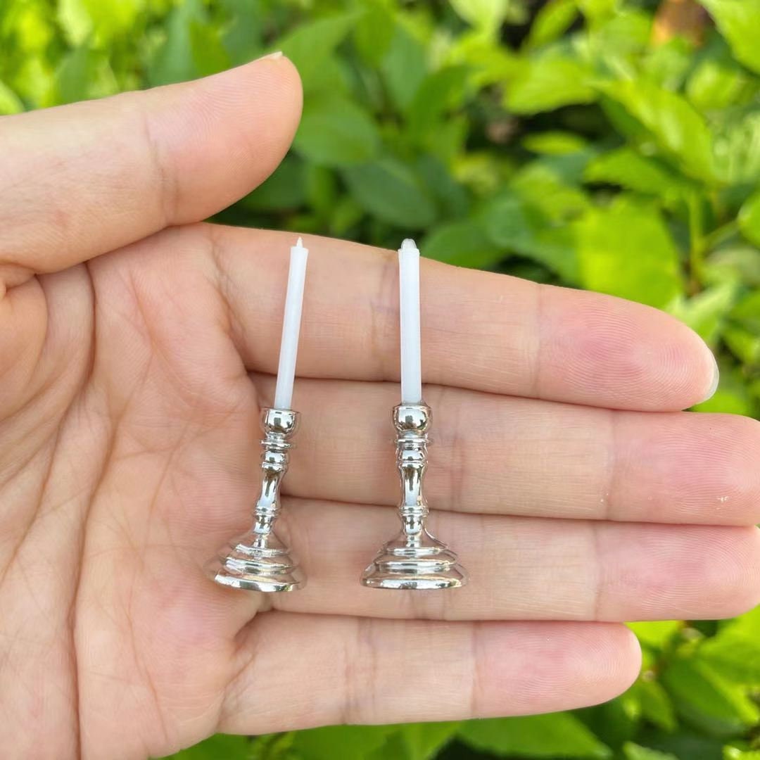 2 Pieces Miniature Candles Dollhouse Silver Candlesticks 1/12 Scale ...