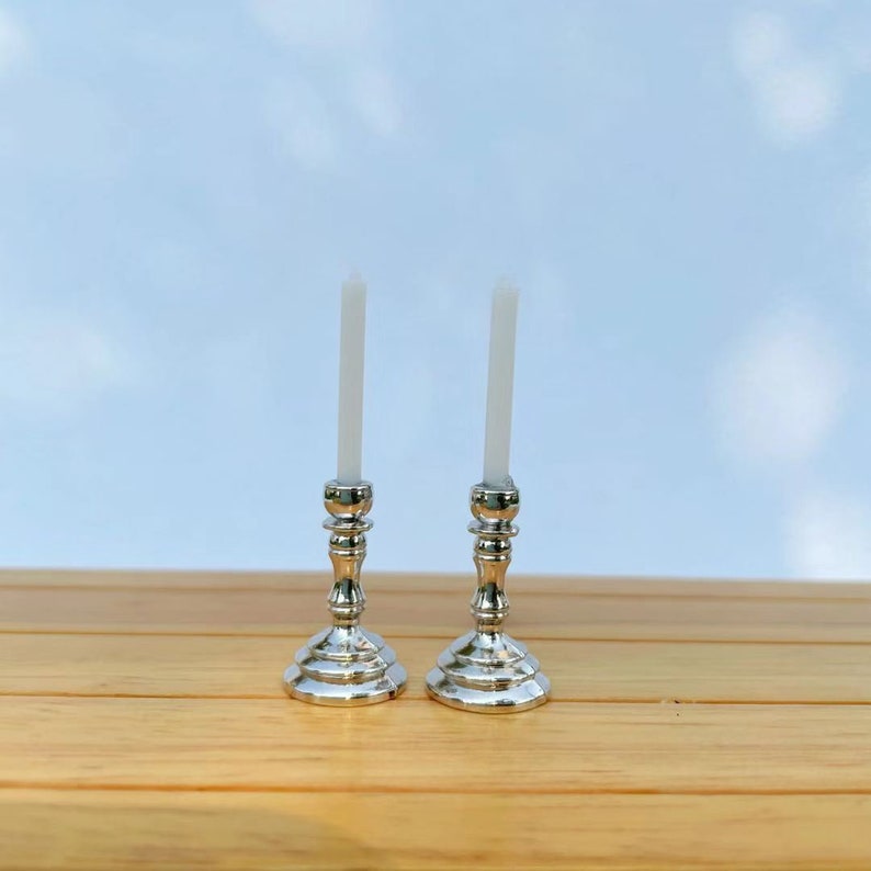 2 Pieces Miniature Candles Dollhouse Silver Candlesticks 1/12 - Etsy