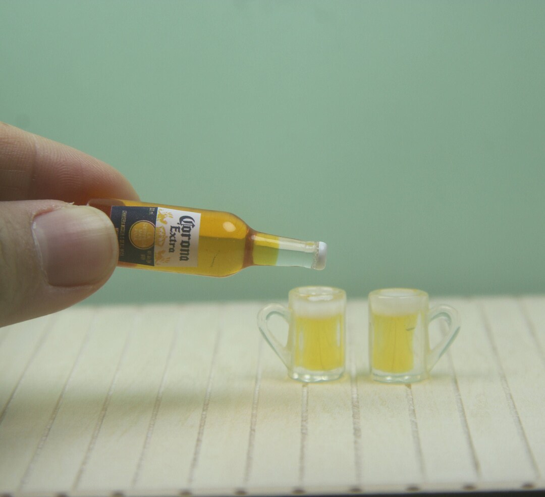 Miniature Beer Bottle With 2 Cups Full of Beer Dollhouse Beverage Drink ...