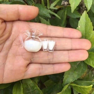 Miniature Milk Set Mini Pitcher and 2 Glasses Dollhouse Real Glass Jug ...