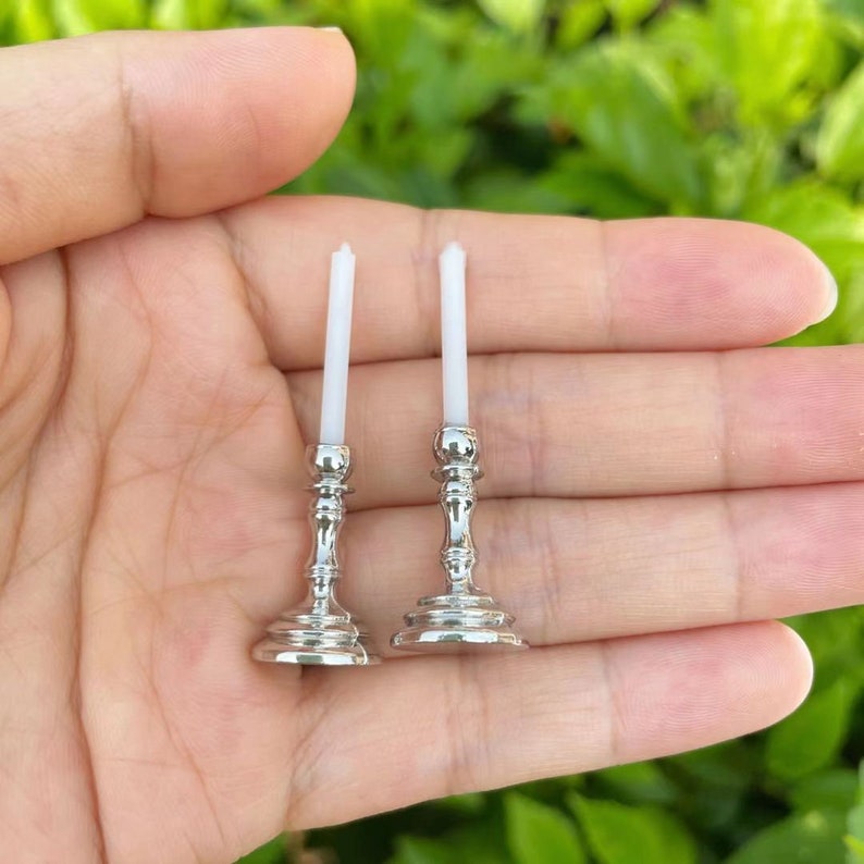 2 Pieces Miniature Candles Dollhouse Silver Candlesticks 1/12 - Etsy