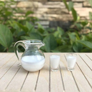 Miniature Milk Set Mini Pitcher and 2 Glasses Dollhouse Real Glass Jug ...