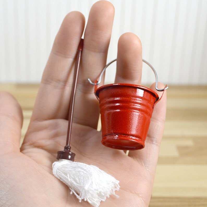Dollhouse Cleaning Metal Bucket With Mop 1/12 Scale Miniature Kitchen ...