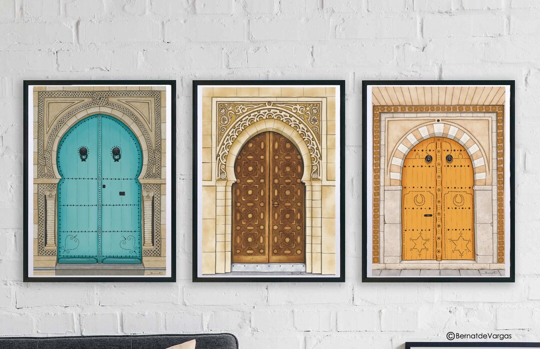 Arabic Doors | Turquoise, Orange & Wood | Set of 3 Illustration Art ...