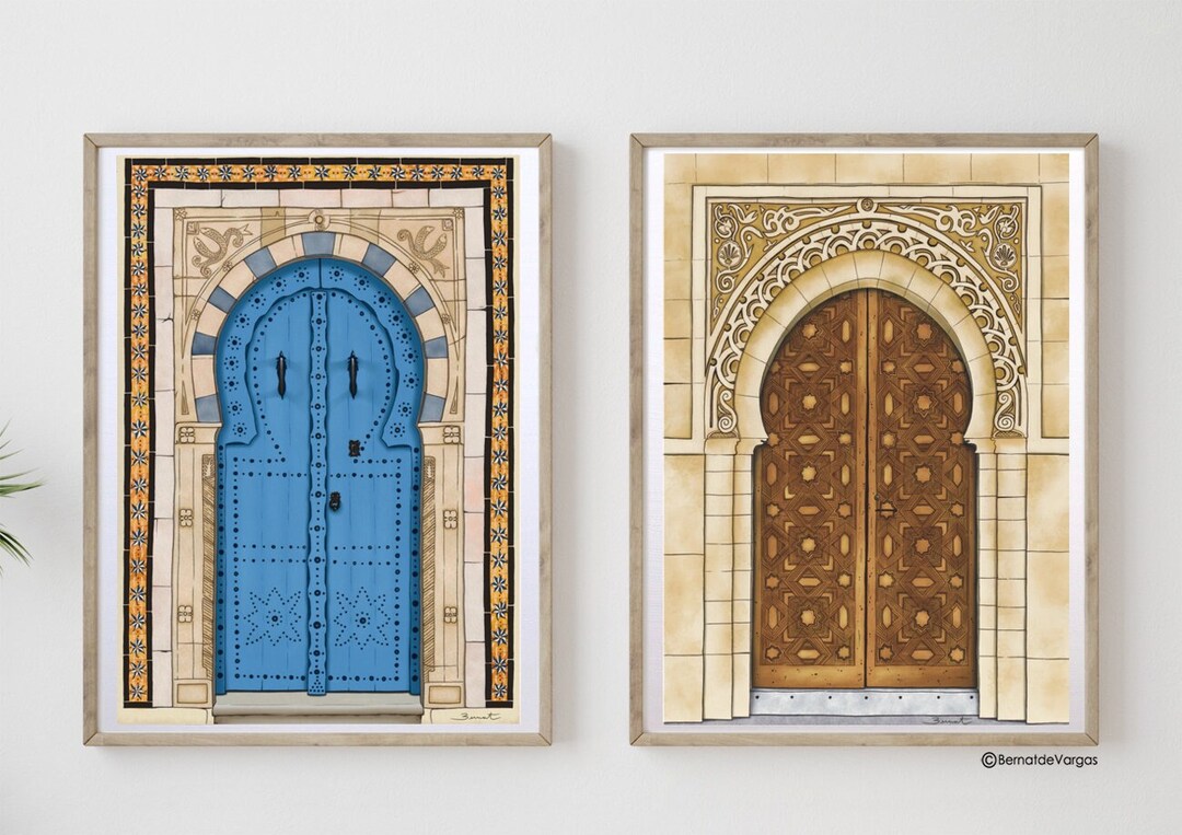 Arabic Doors | Blue & Wood | Set of 2 Illustration Art Prints ...