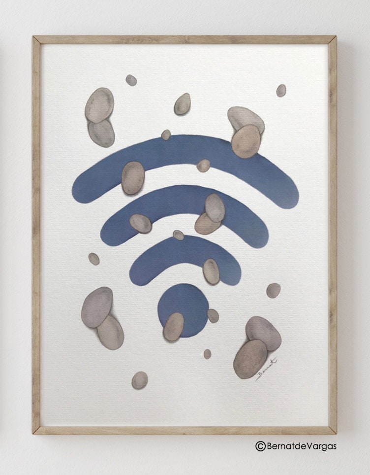 Blue Wifi Watercolor Illustration Art Print Natural Wall - Etsy