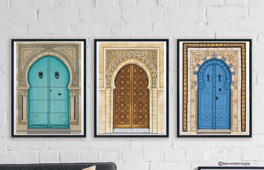 Arabic Doors | Turquoise, Wood & Blue | Set of 3 Illustration Art ...