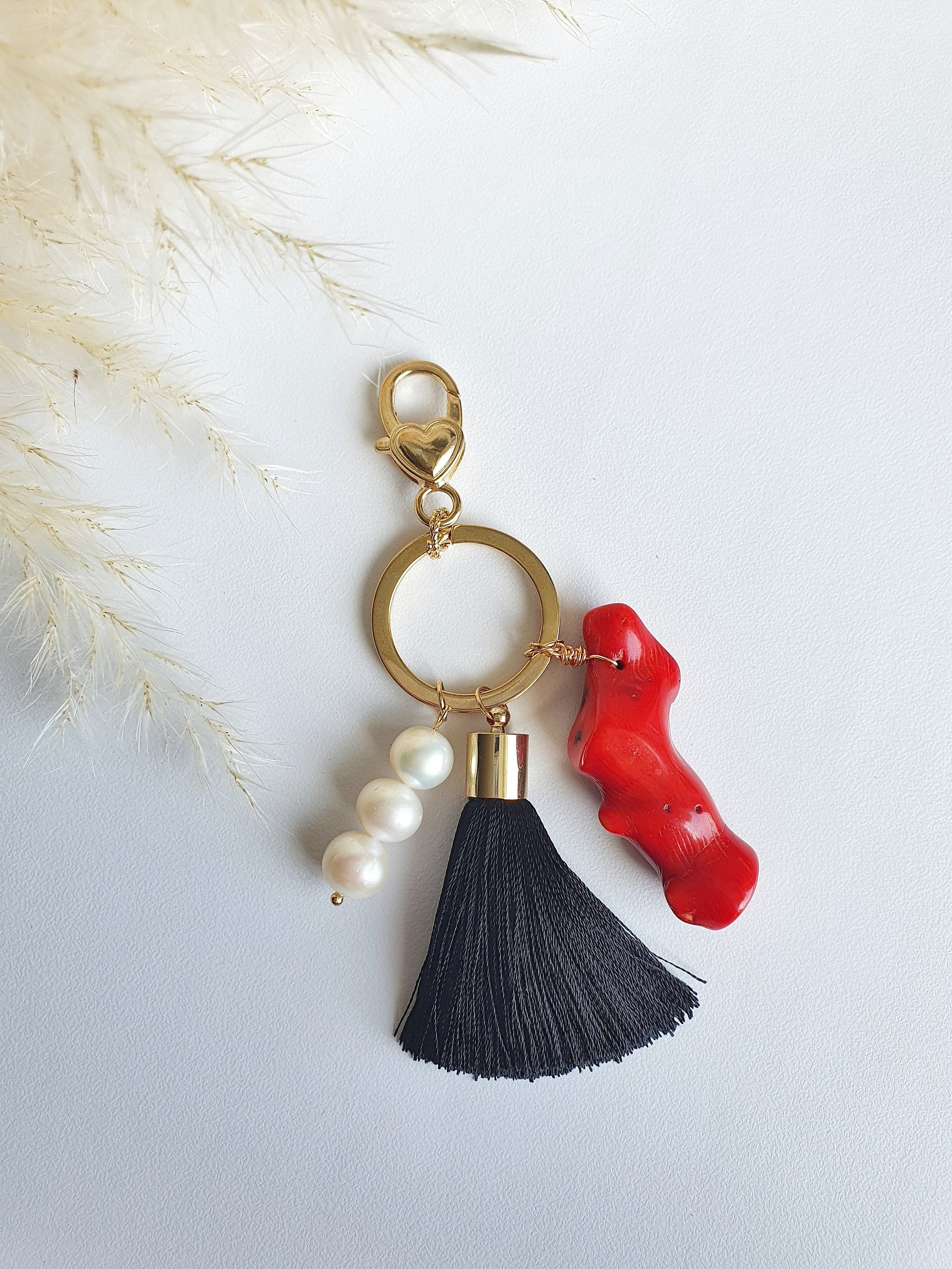 Pearl And Coral Keychain Gemstone Energy Keychain 21st | Etsy