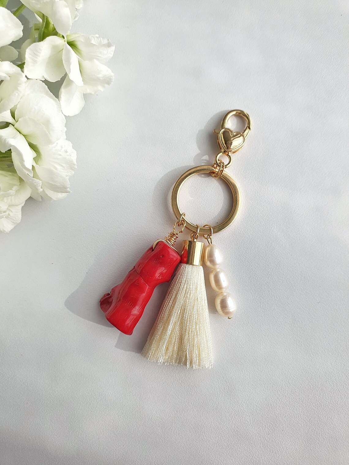Pearl And Coral Keychain Gemstone Energy Keychain 21st | Etsy