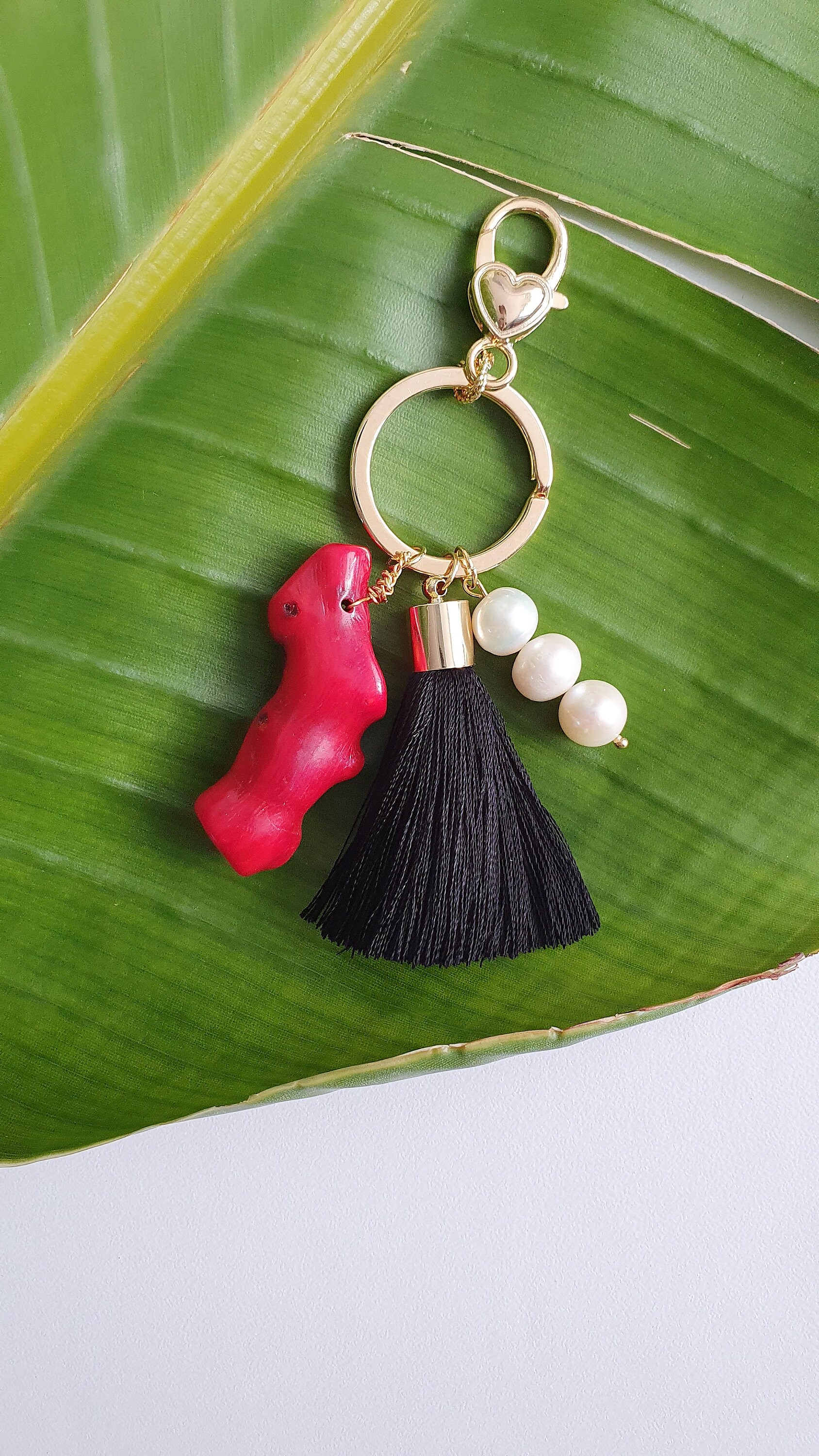 Pearl And Coral Keychain Gemstone Energy Keychain 21st | Etsy