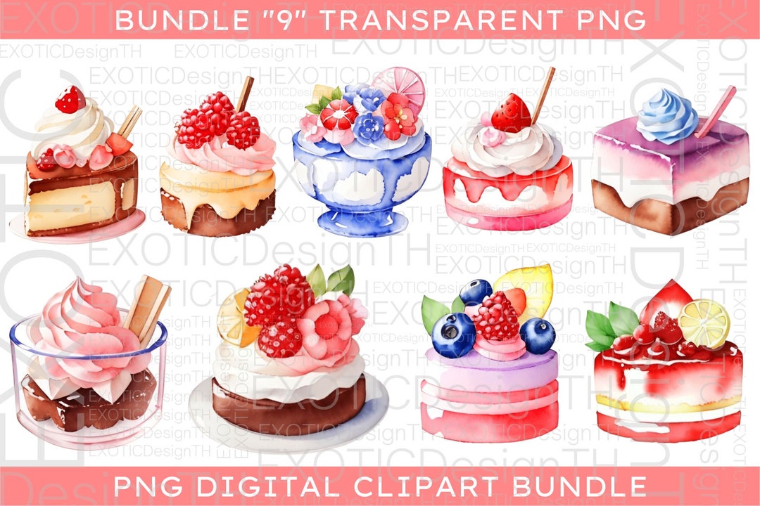 Watercolor Fruit Berry Dessert, Sweets Pink Cake Kawaii Clipart Bundle ...