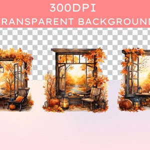 Watercolor Auntumn Windows Clipart, Fall Holiday Scenes, Card Making ...