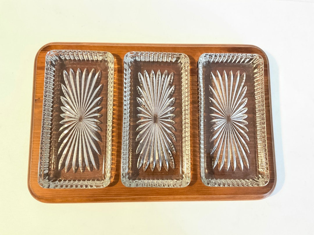 Vintage Hostess Set, 3 Glass and Wooden Tray. Condiment, Vegetable ...