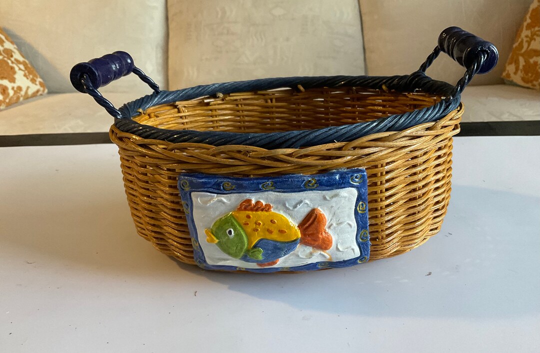 Vintage Wicker Basket With Fish Decor. Metal Frame. Wooden Handle ...