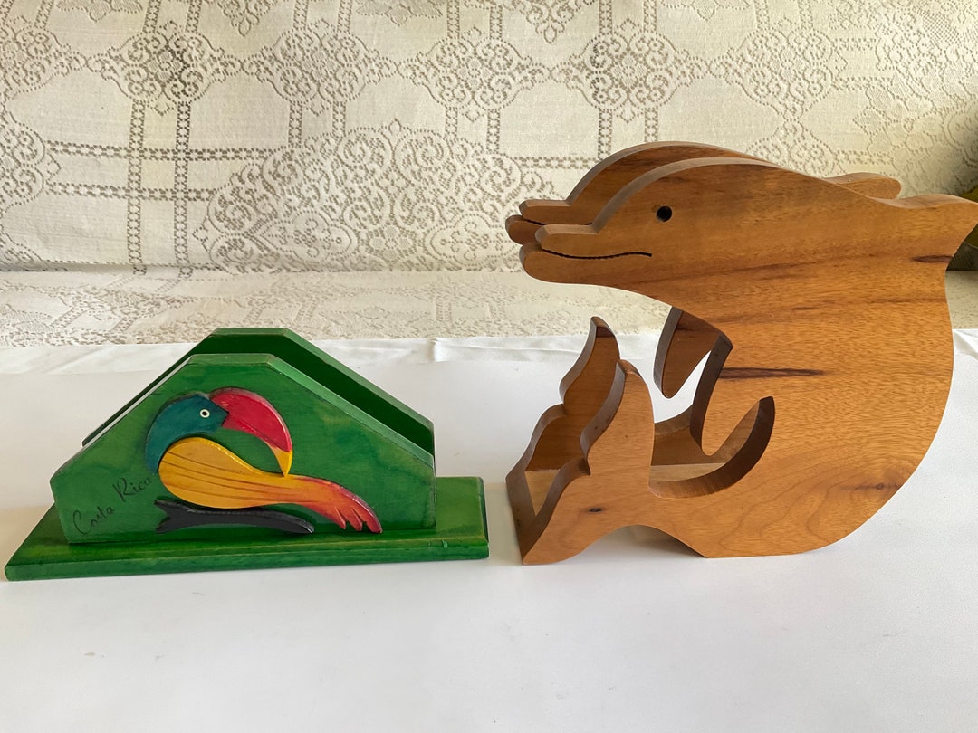Carved Napkin Holders or Letter Holders. Wooden Dolphins and Marquetry ...