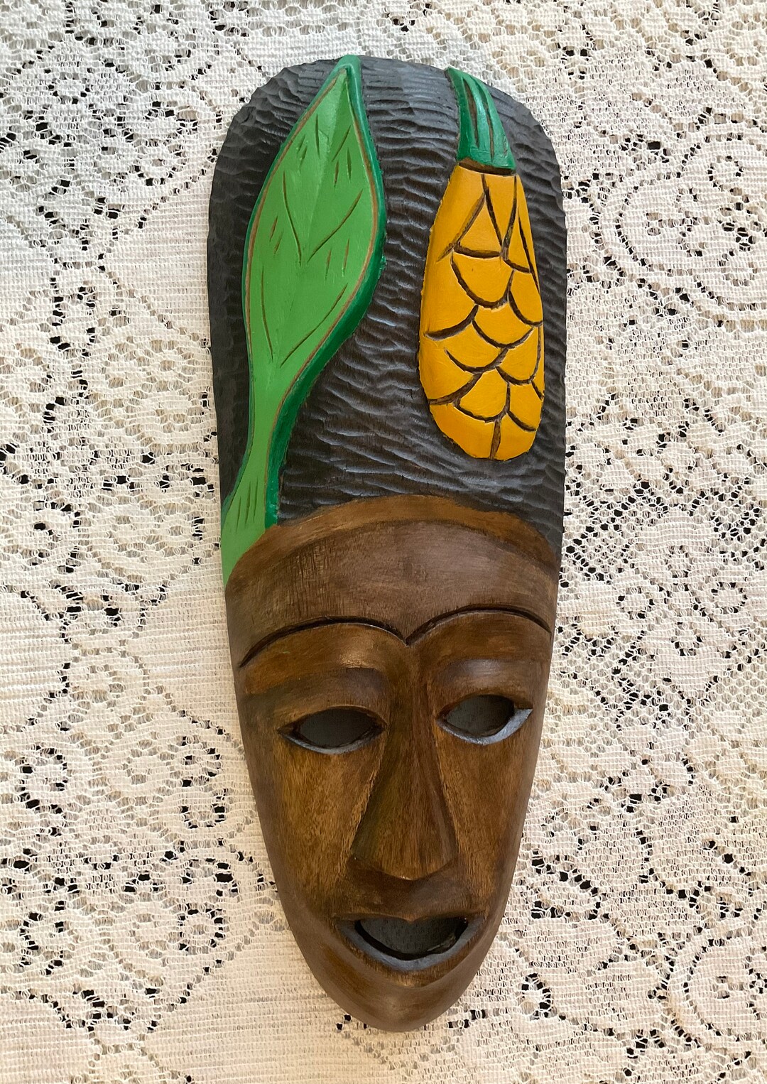Vintage Polynesian Mask. Hand Carved Wood. Pineapple and Leaf Decor ...