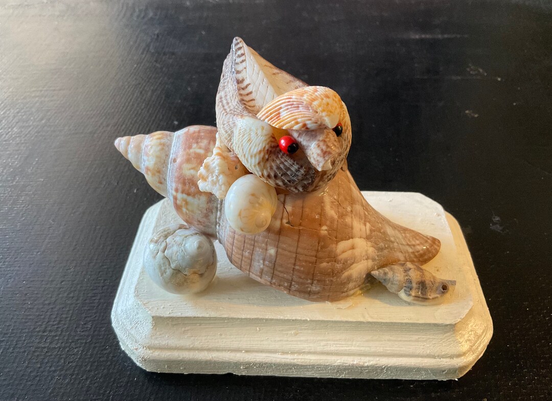 Shell Bird Table Decor. Bird Perched on a Shell Set on a Profiled Wood ...