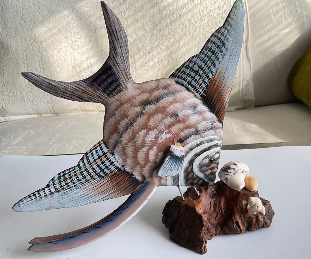 Vintage Wooden Angelfish. Hand Carved. Hand Painted. Mounted on ...