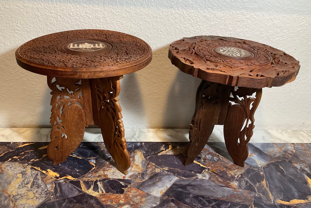 Vintage Small Side Table. Round Hardwood Tabletop Carved Vintage Small Side Table. Round Hardwood Tabletop Carved
