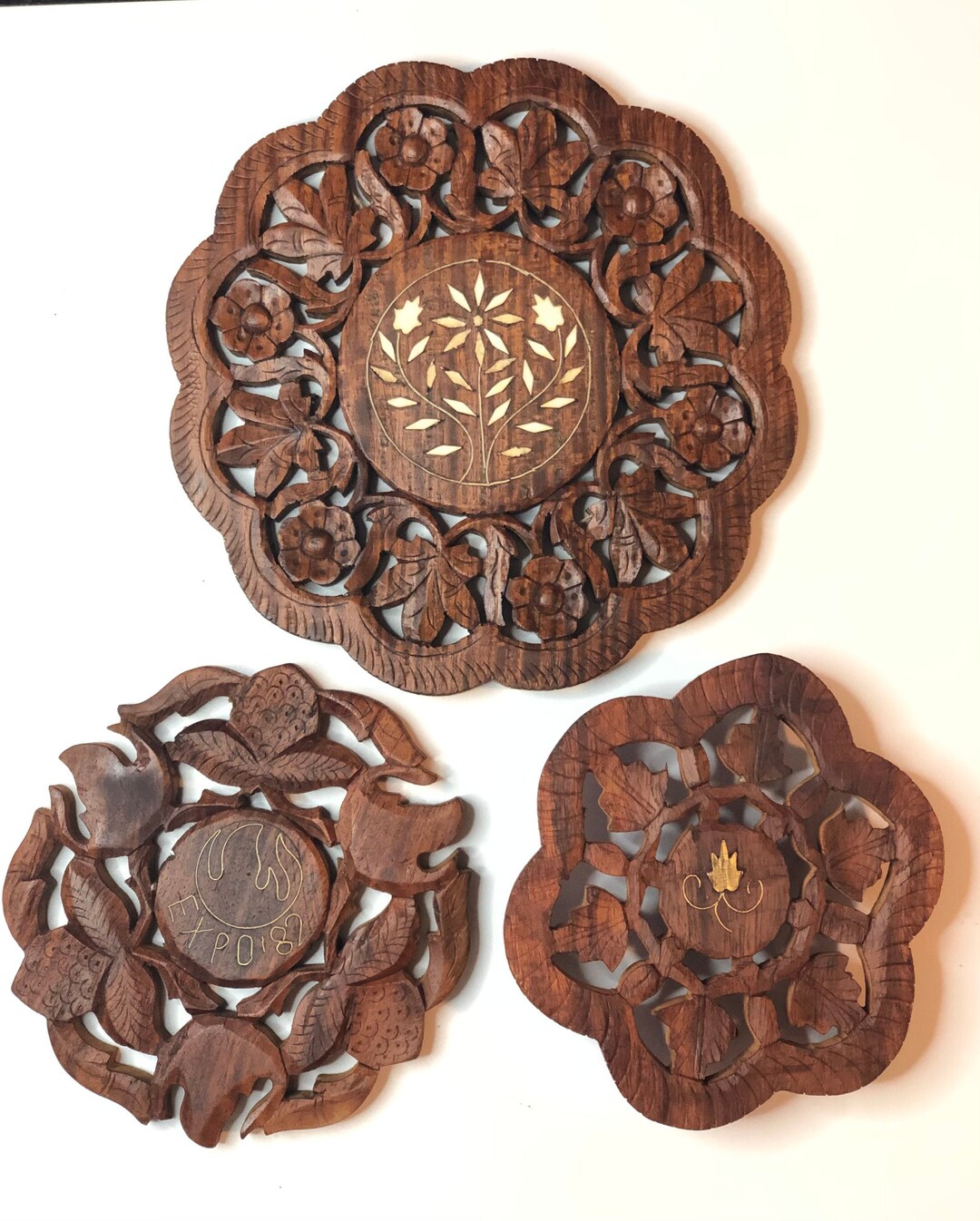 Wooden Trivet. Hand Carved. Inlaid With Brass. One With Shell Inlay ...
