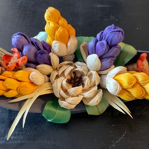 Blue Coconut Spathe With Flower Arrangement. Dried Corn Husk Flowers ...