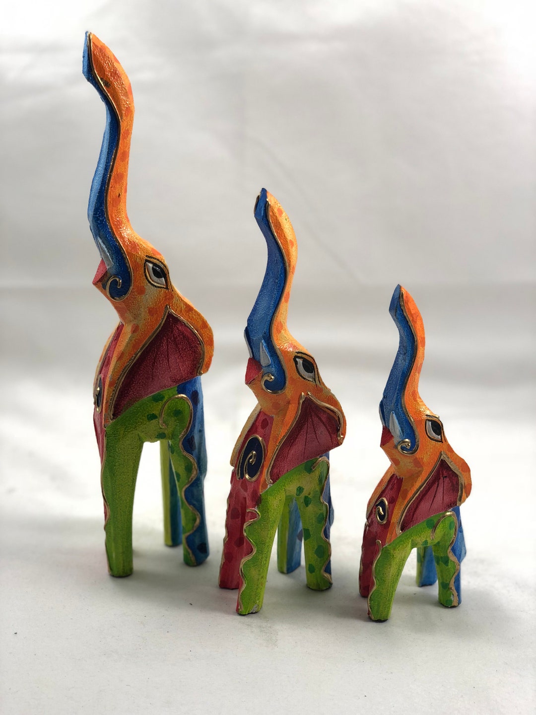 Brilliantly Colored Family of Elephants. Set of 3. Wooden, Handcrafted ...