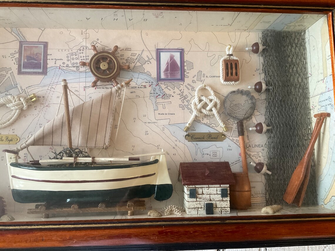 Vintage Fishing Shadow Box. Miniature Replica of Fishing Village, Boat ...