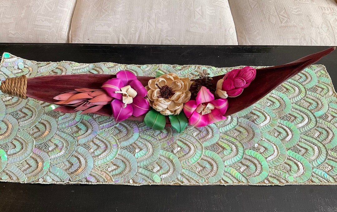 Red Coconut Spathe With Flower Arrangement. Corn Husk Flowers and Dried ...