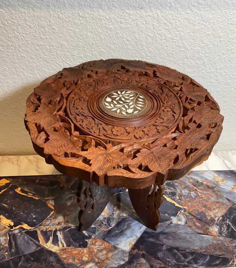 Vintage Small Side Table. Round Hardwood Tabletop Carved With Flowers ...