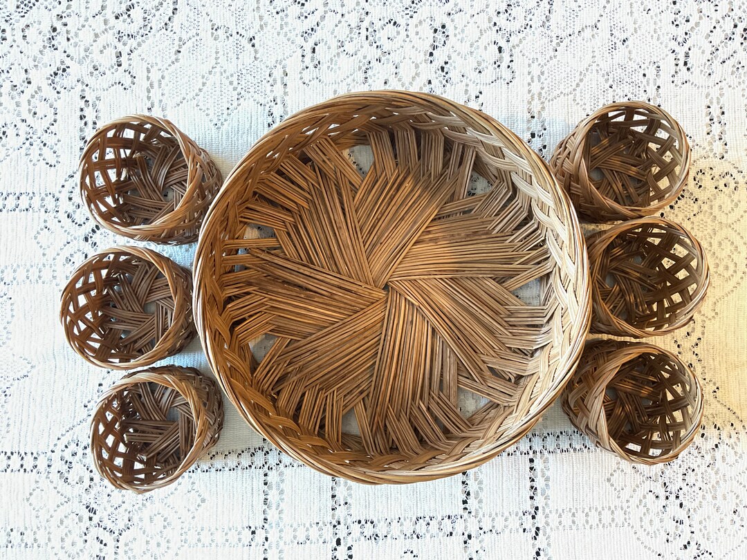Vintage Woven Coconut Midribs Tray and Glass Holder Set. One 10.5 ...