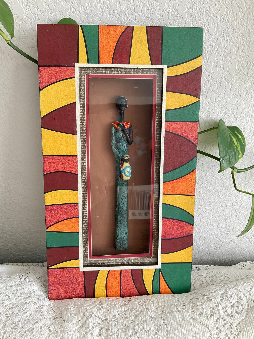 Vintage African Lady Wall Decor. 3D. Framed in Glass Covered Wooden ...