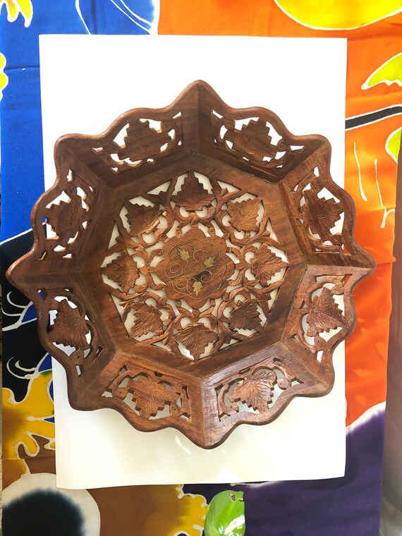 Wooden Carved Tray. Center Has Brass Inlay. Intricate Design. - Etsy