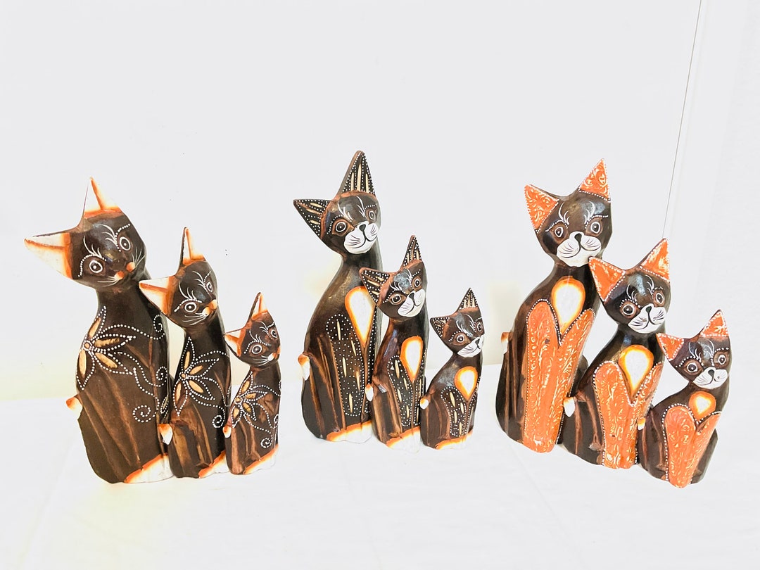 Wooden Cat Figurine, Table Decor. Set of 3. Cat Family. Hand Carved ...